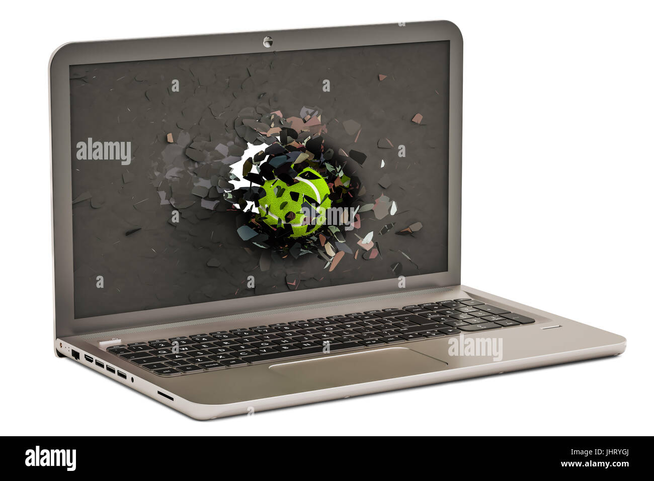 Tennis ball flying through broken monitor of laptop, 3D rendering ...