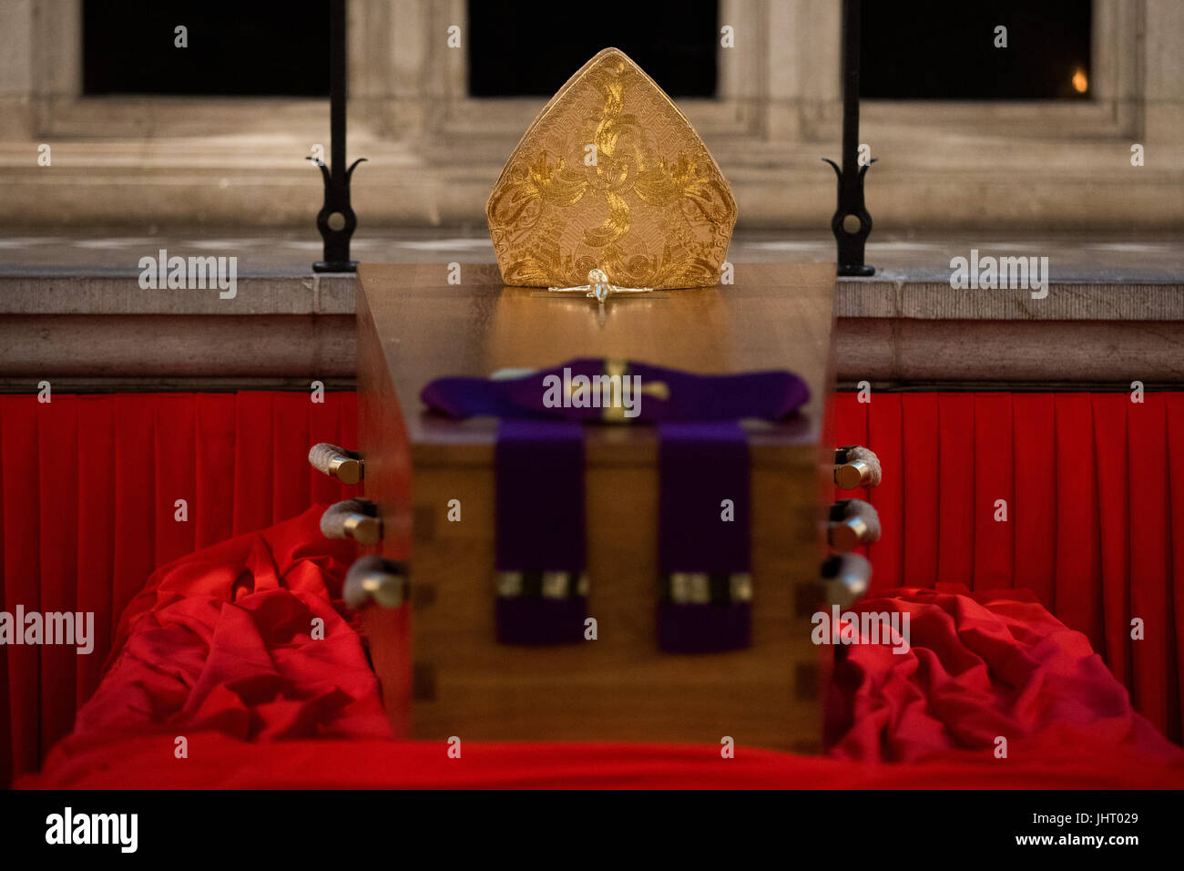 The bishop's mitre of the deceased Cardinal Joachim Meisner lies on his ...