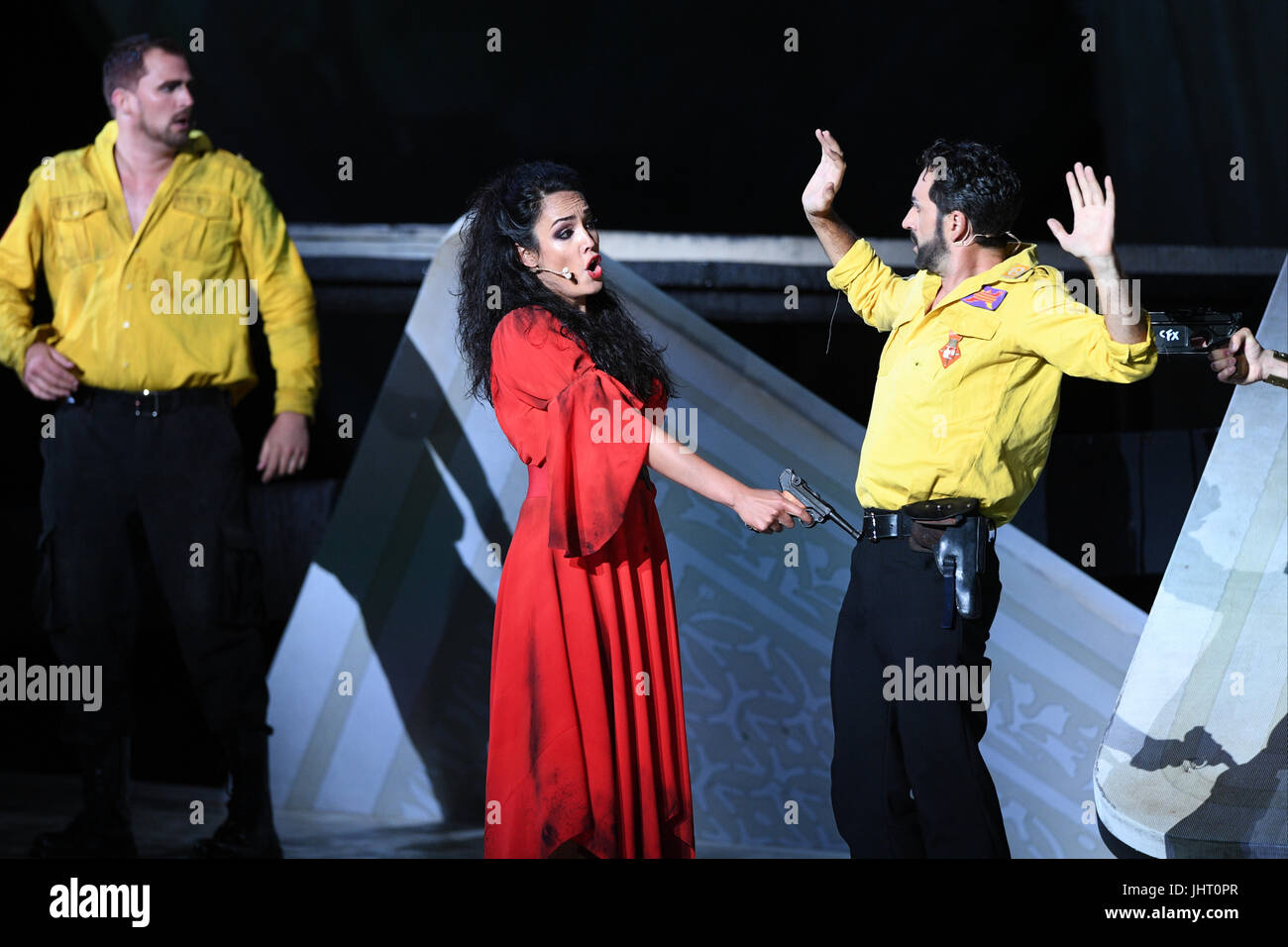 Bregenz, Austria. 14th July, 2017. Actors perform the opera Carmen by ...