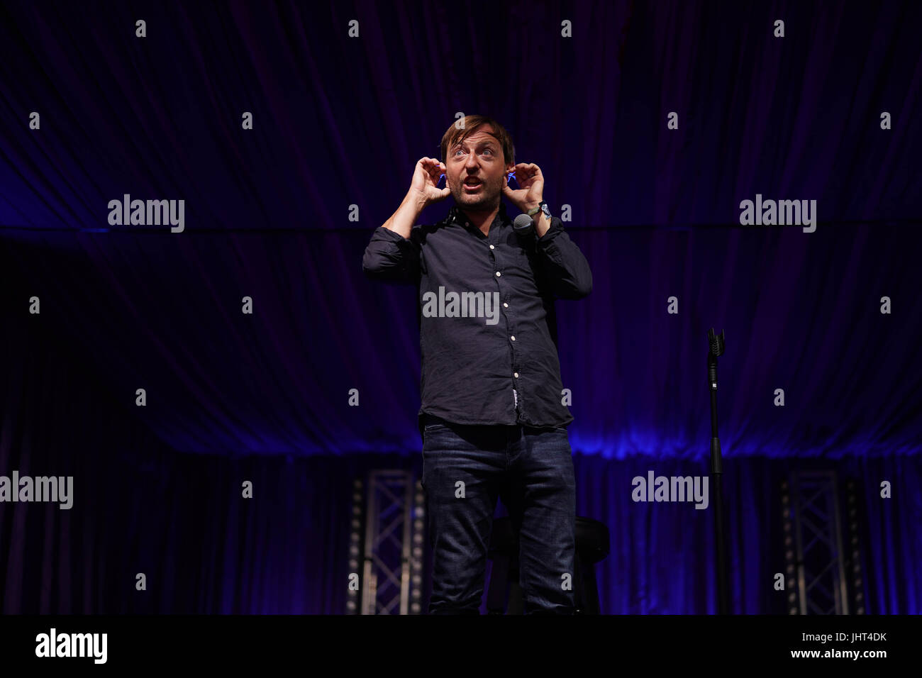 Suffolk, UK. 15th July, 2017. Andrew Maxwell performing live on the ...