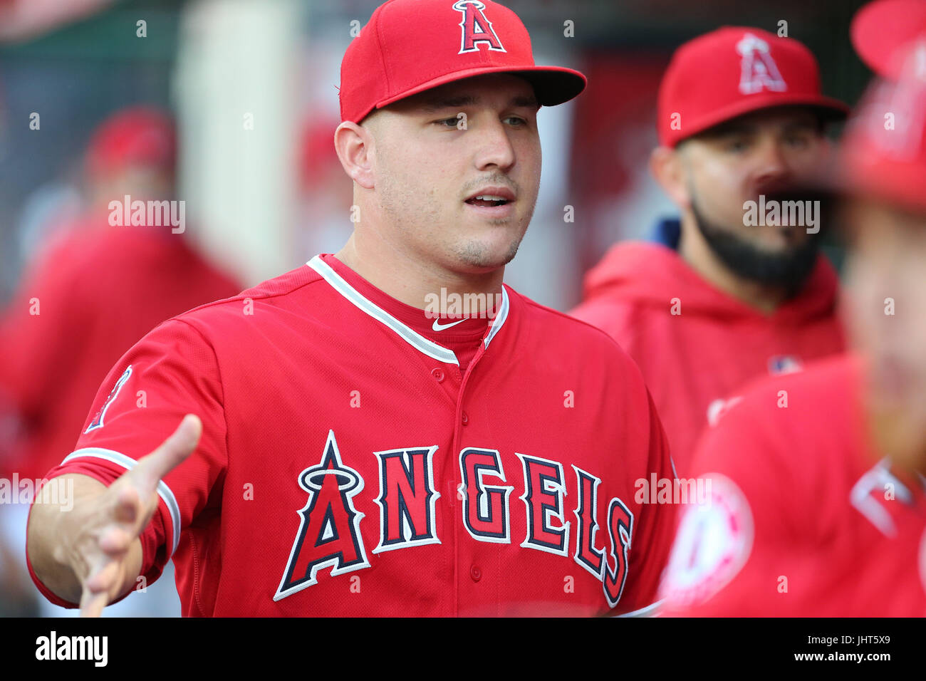 July 14, 2017: Los Angeles Angels center fielder Mike Trout (27) greets ...