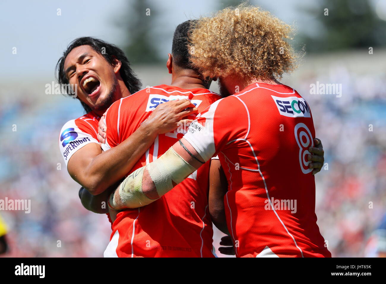 (L-R) Ryohei Yamanaka, Timothy Lafaele, Willem Britz (Sunwolves), JULY ...