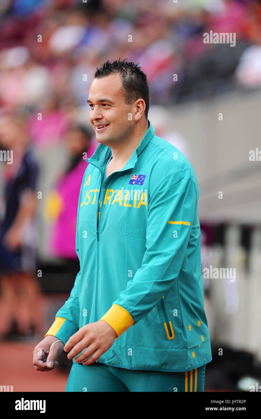 London, UK. 15th July, 2017. Todd Hodgetts (AUS) during the Men's Shot ...