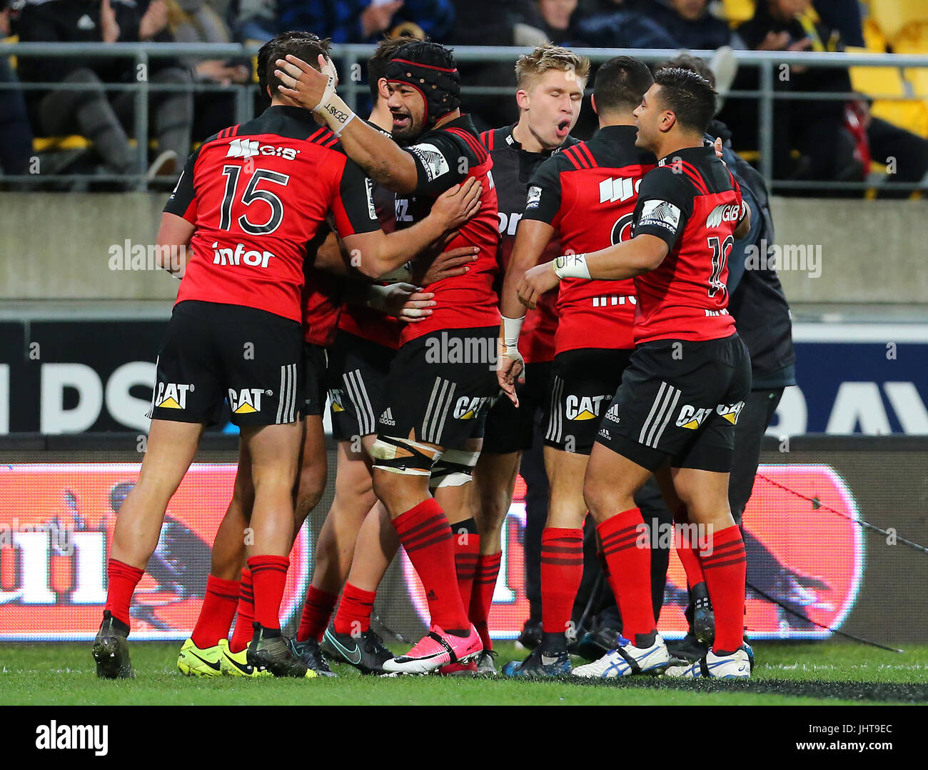 Crusaders players celebrate a try to Seta Tamanivalu during the round ...