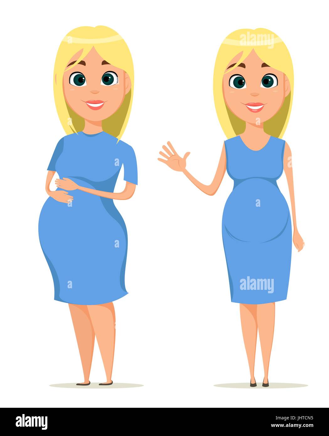 Cute pregnant woman in blue dress. Beautiful blond pregnant girl ...