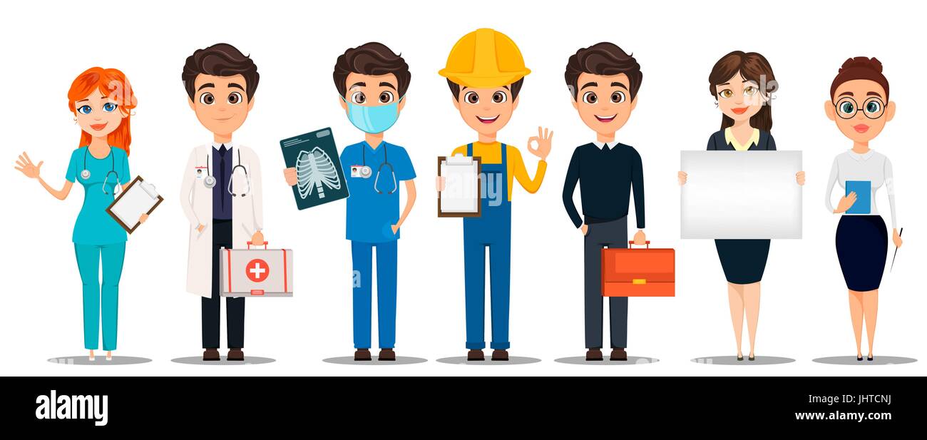 Professions. Set of cartoon characters. Doctors, builder, business man ...