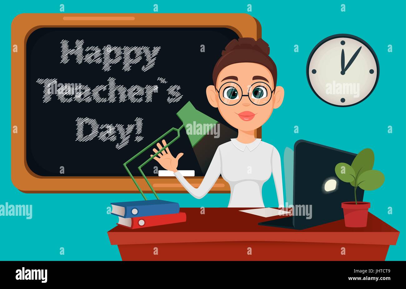 Teacher sitting at her desk while lesson in classroom. Cheerful female ...