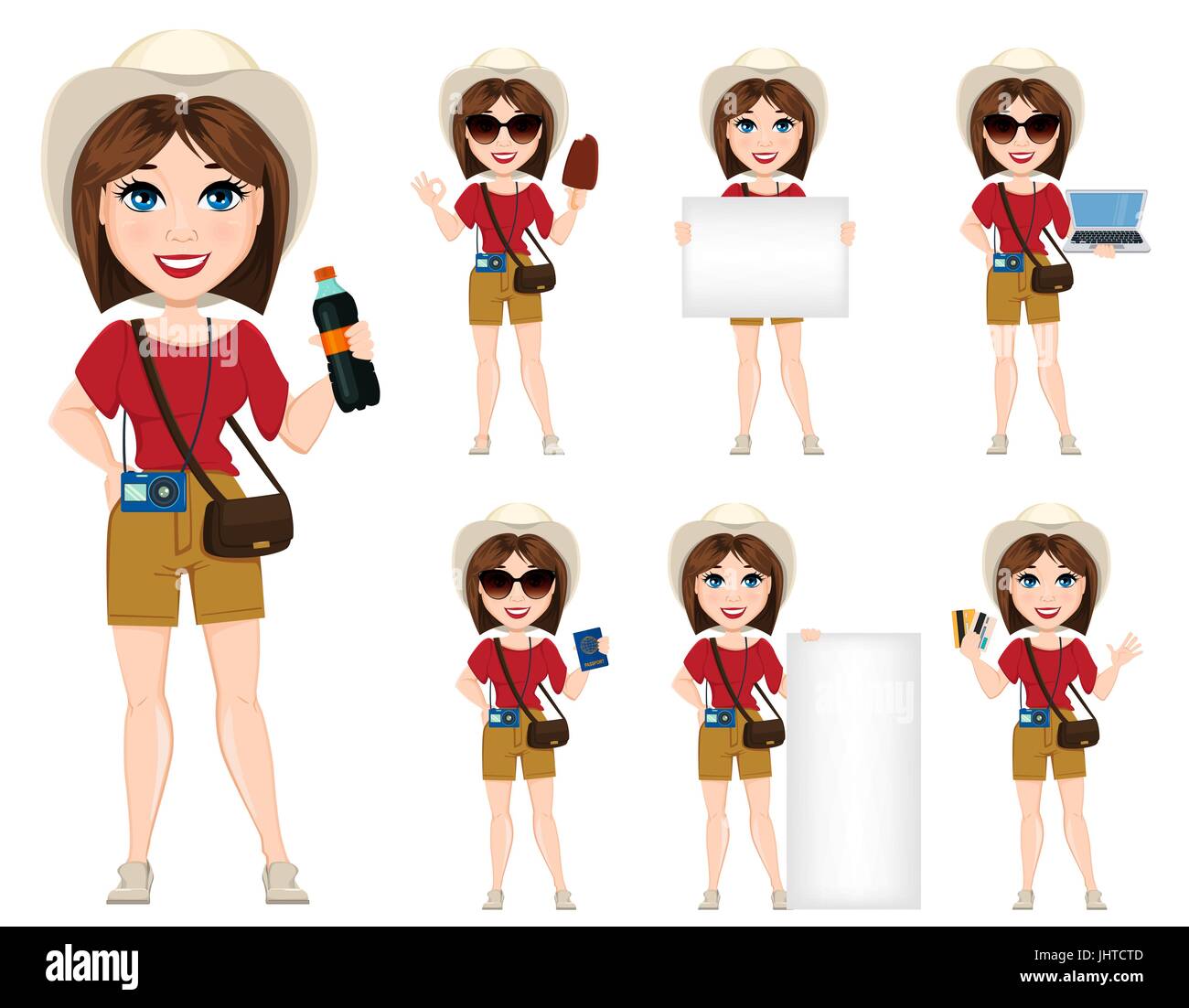 Tourist woman, traveler. Set of cute cartoon character. Vector ...