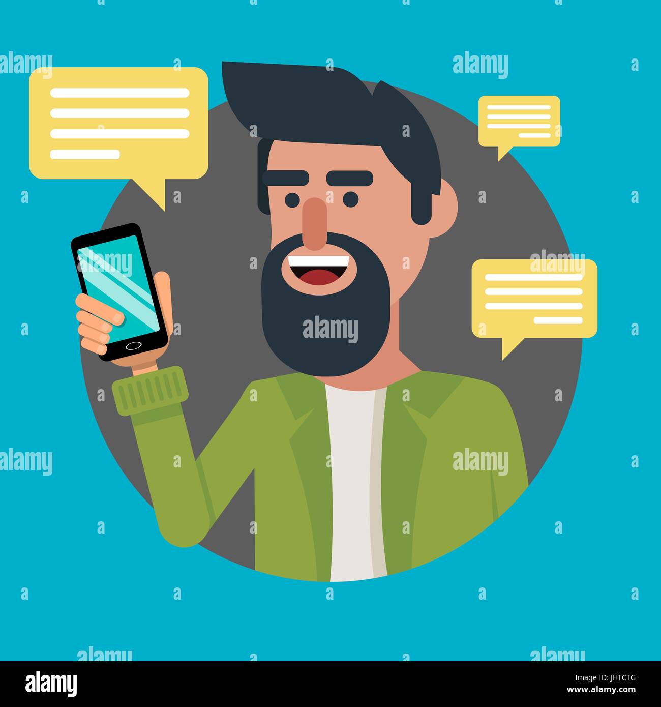 Bearded man with smartphone. Hipster guy communicating with his friends ...