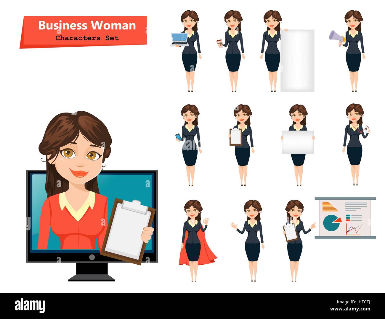 Businesswoman with various things. Set of cute cartoon character ...