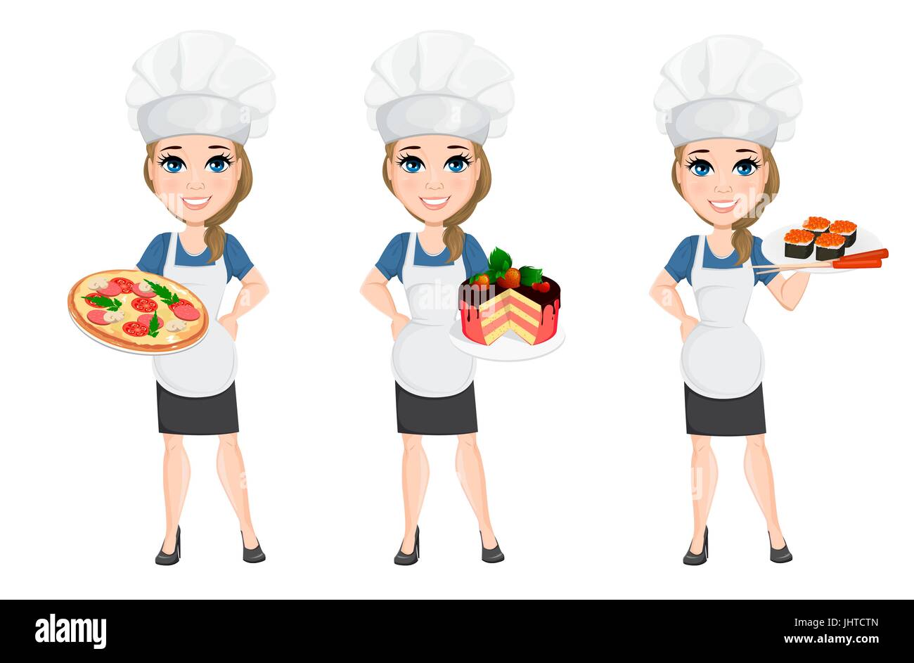 Chef woman set. Cute cartoon character cook with pizza, cake and sushi ...