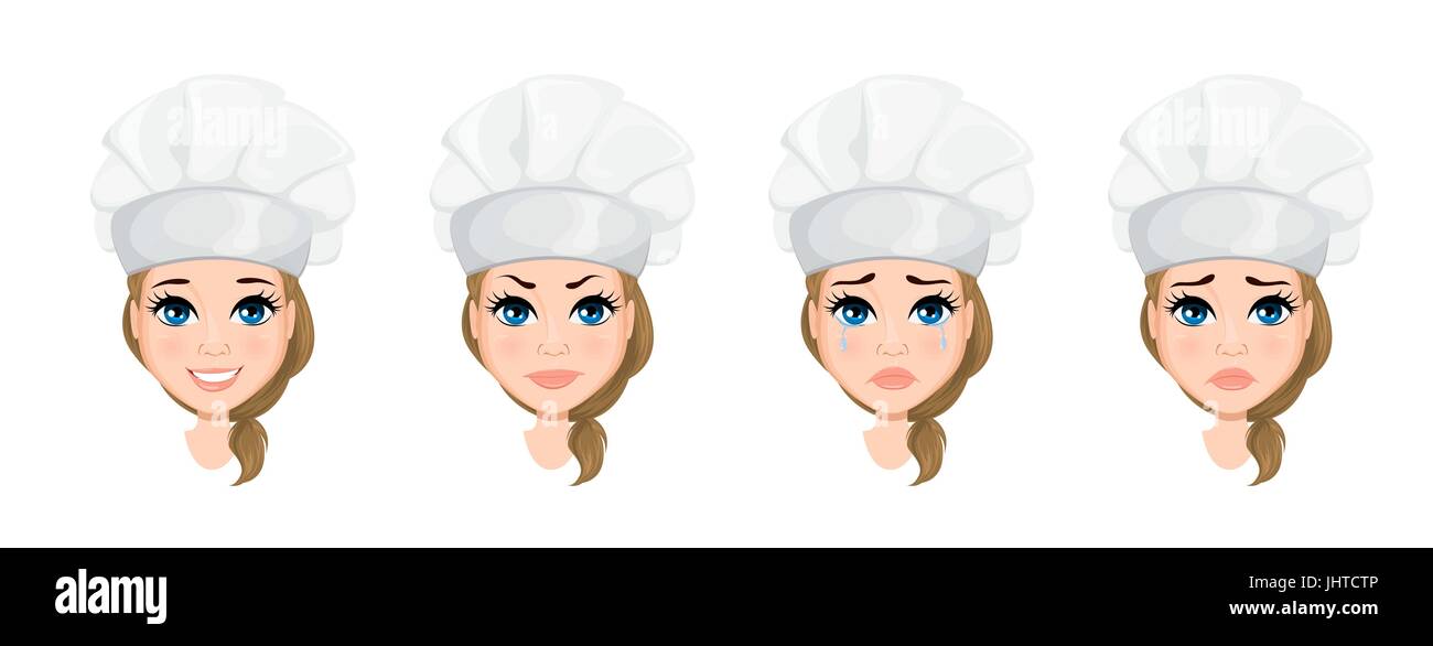 Chef woman face with various emotions. Set. Cute cartoon character cook ...