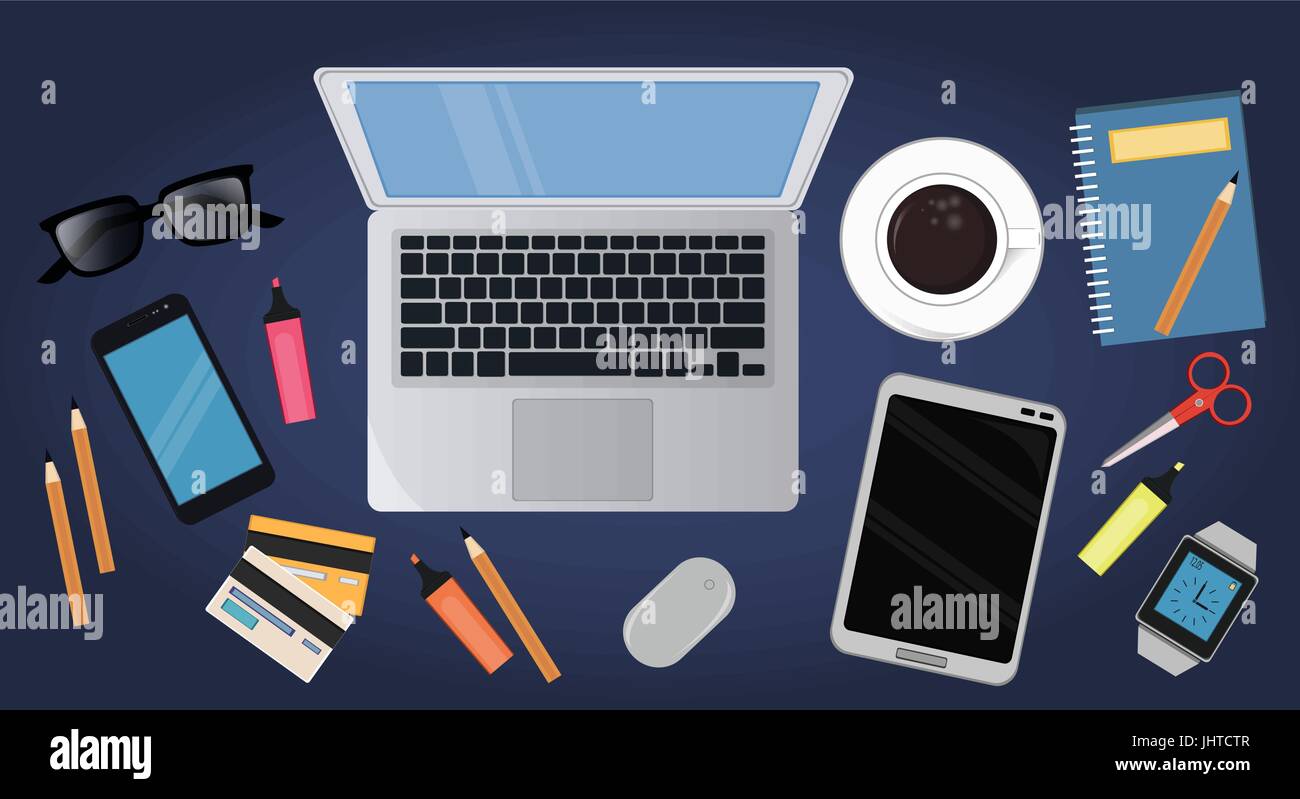 Workplace concept. Office desk top view design with. Flat design vector ...