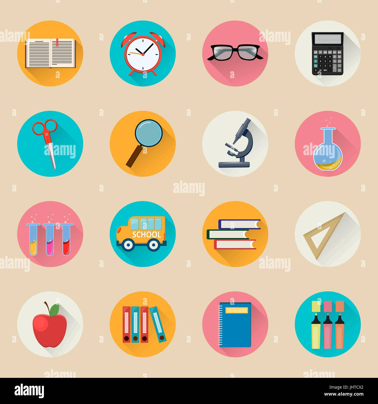 Objects for school. Back to study. Set of round flat icons. Vector Illustrations Stock Vector ...