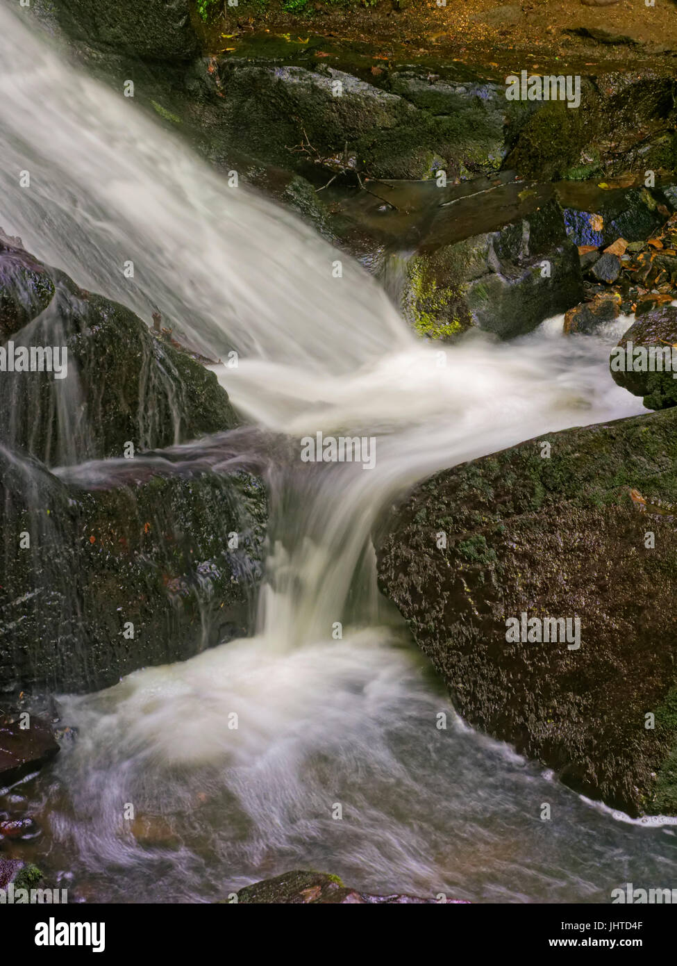 Close up of a section of a waterfall as it flows right, left and right ...