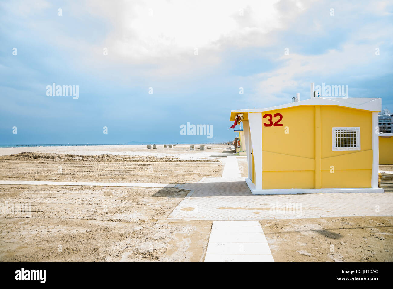 Rimini,Italy-April 17,2015:yellow bar on the beach in Rimini-Italy ...