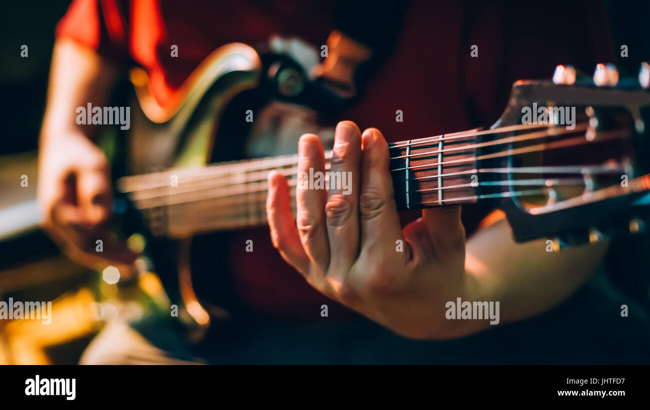 Behind the scene. Male guitarist artist musician practice playing ...