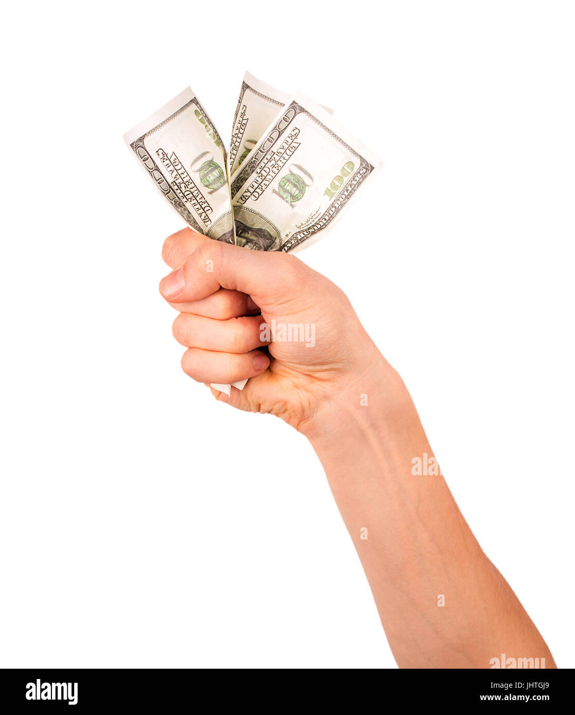 hand holding crumpled dollar bills isolated on white background Stock ...