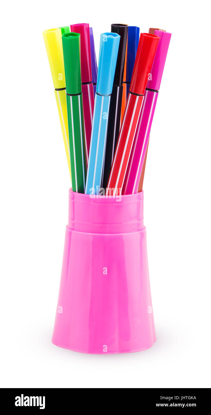 A set of colored felt-tip pens in a pink plastic cup isolated on white ...