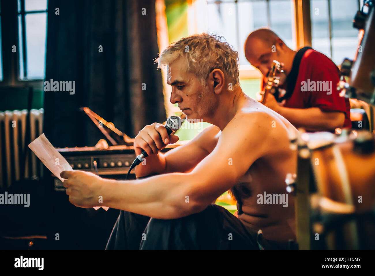 Behind the scene. Rock band practice in the messy recording music ...