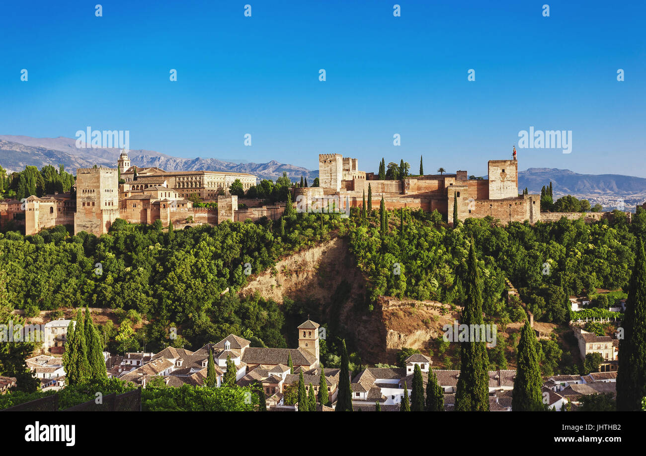 Alhambra palace at Granada, Spain. Panorama view on old medieval arab ...