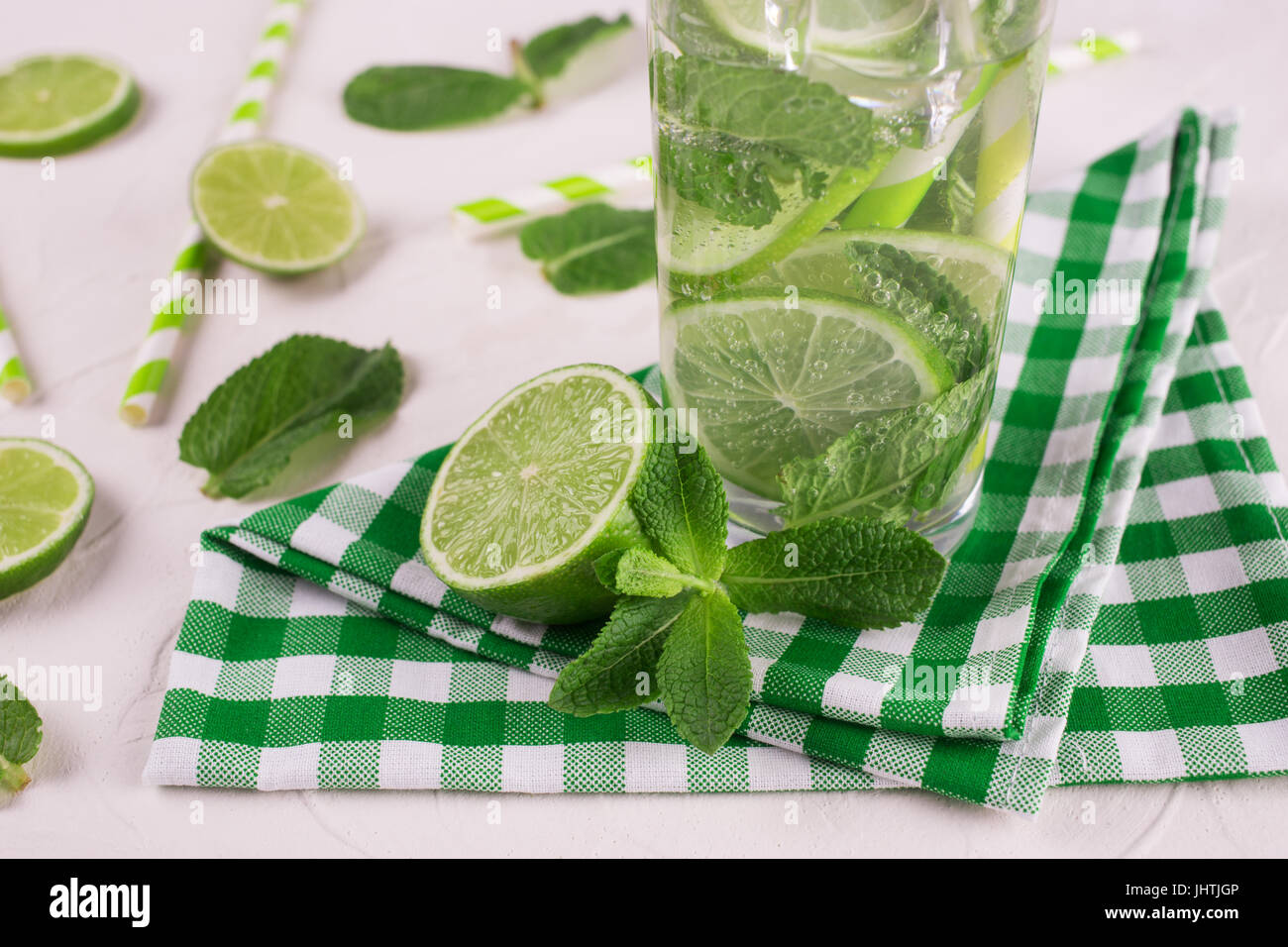 Detox water with lime and mint in glass. Mojito cocktail. on a white ...