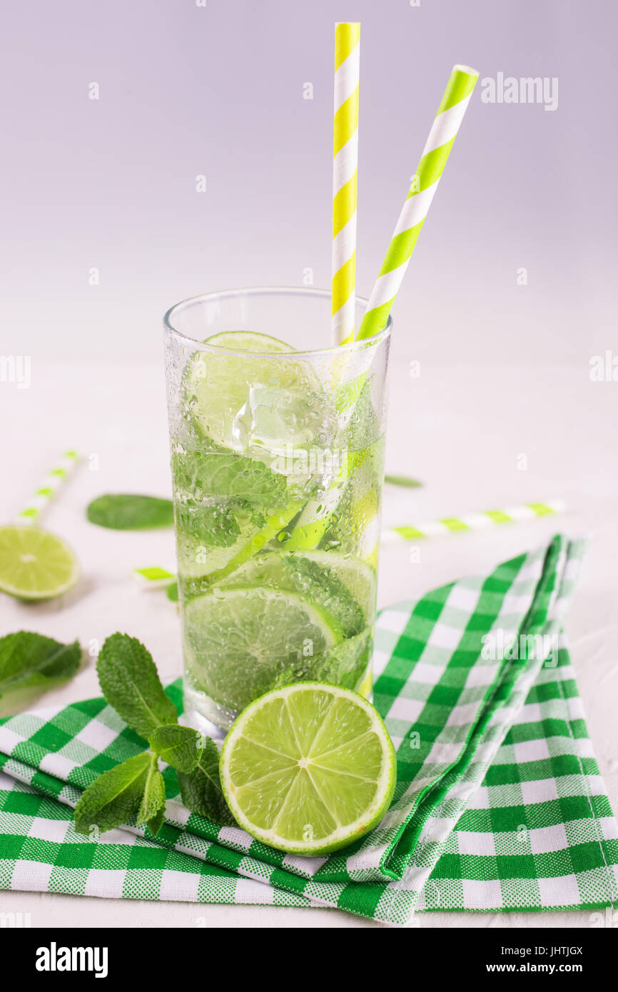 Detox water with lime and mint in glass. Mojito cocktail. on a white ...