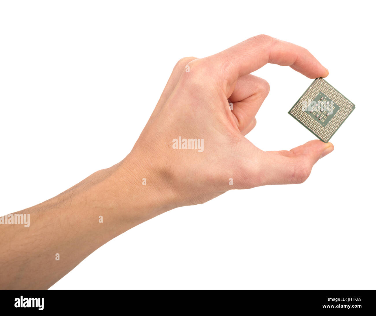 man's hand holding a computer processor isolated on white background ...