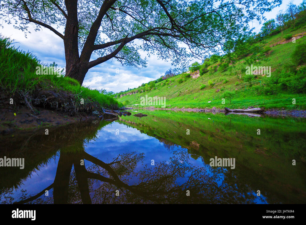 Landscape with rock, tree and river on sunset background Stock Photo ...