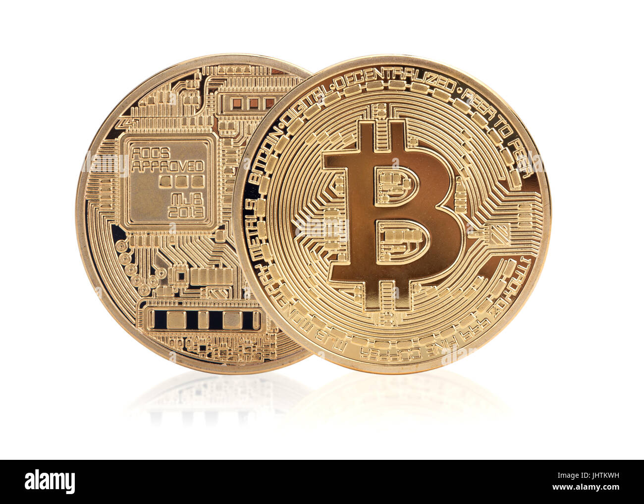 two golden bitcoin isolated on white background Stock Photo - Alamy