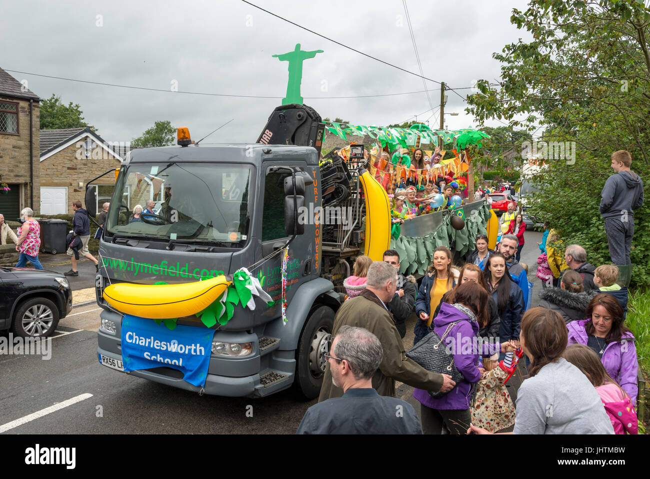 Colourful float at village carnival, Charlesworth, Derbyshire, England ...