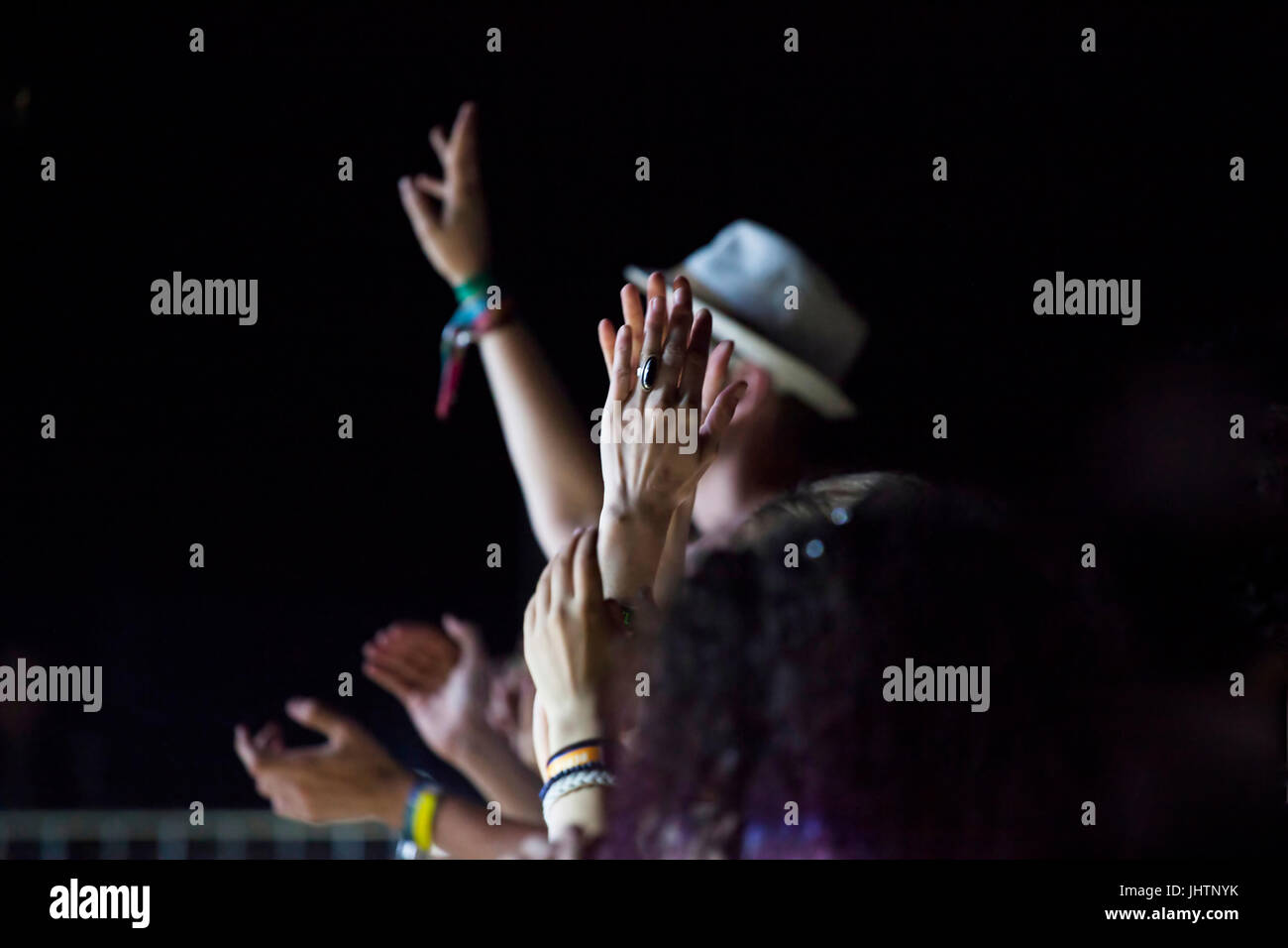 Cheering crowd at concert, night entertainment, music festival, happy ...