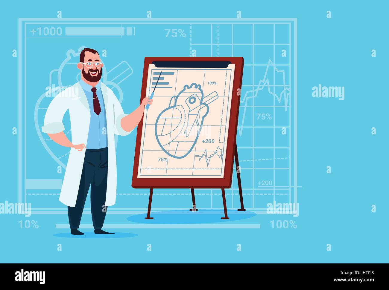 Doctor Cardiologist Over Flip Chart With Heart Medical Clinics Worker ...