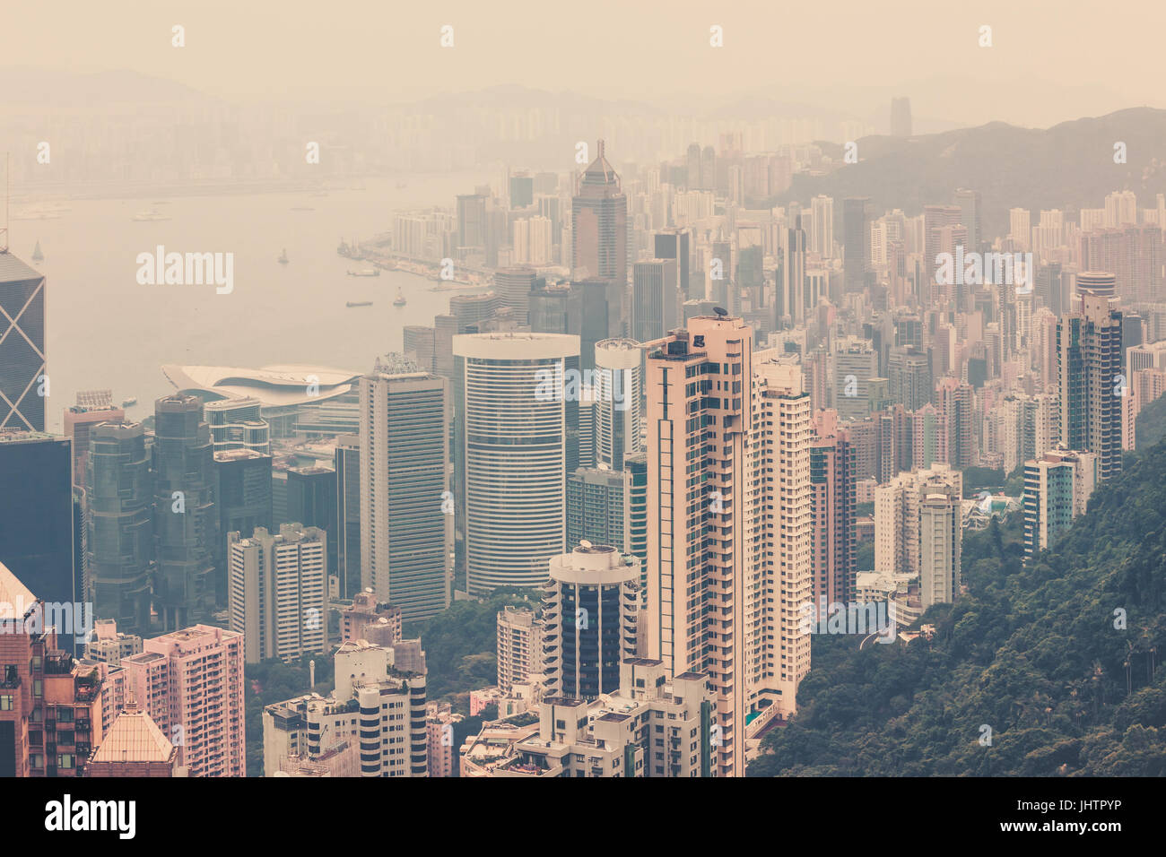 Haze Hong Kong downtown view from Victoria peak. Filtered shot Stock ...
