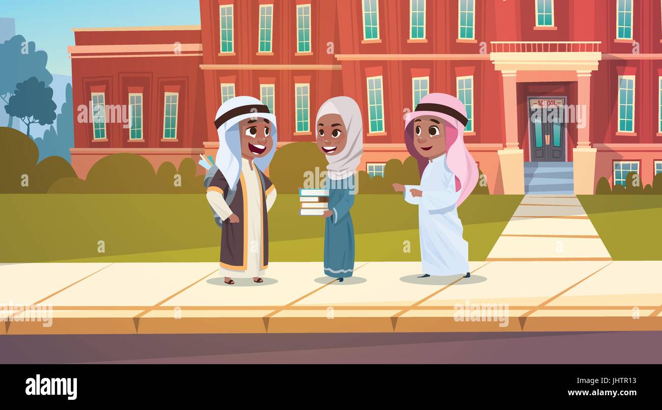 Group Of Arab Pupils Stand In Front Of School Building Primary Muslim ...