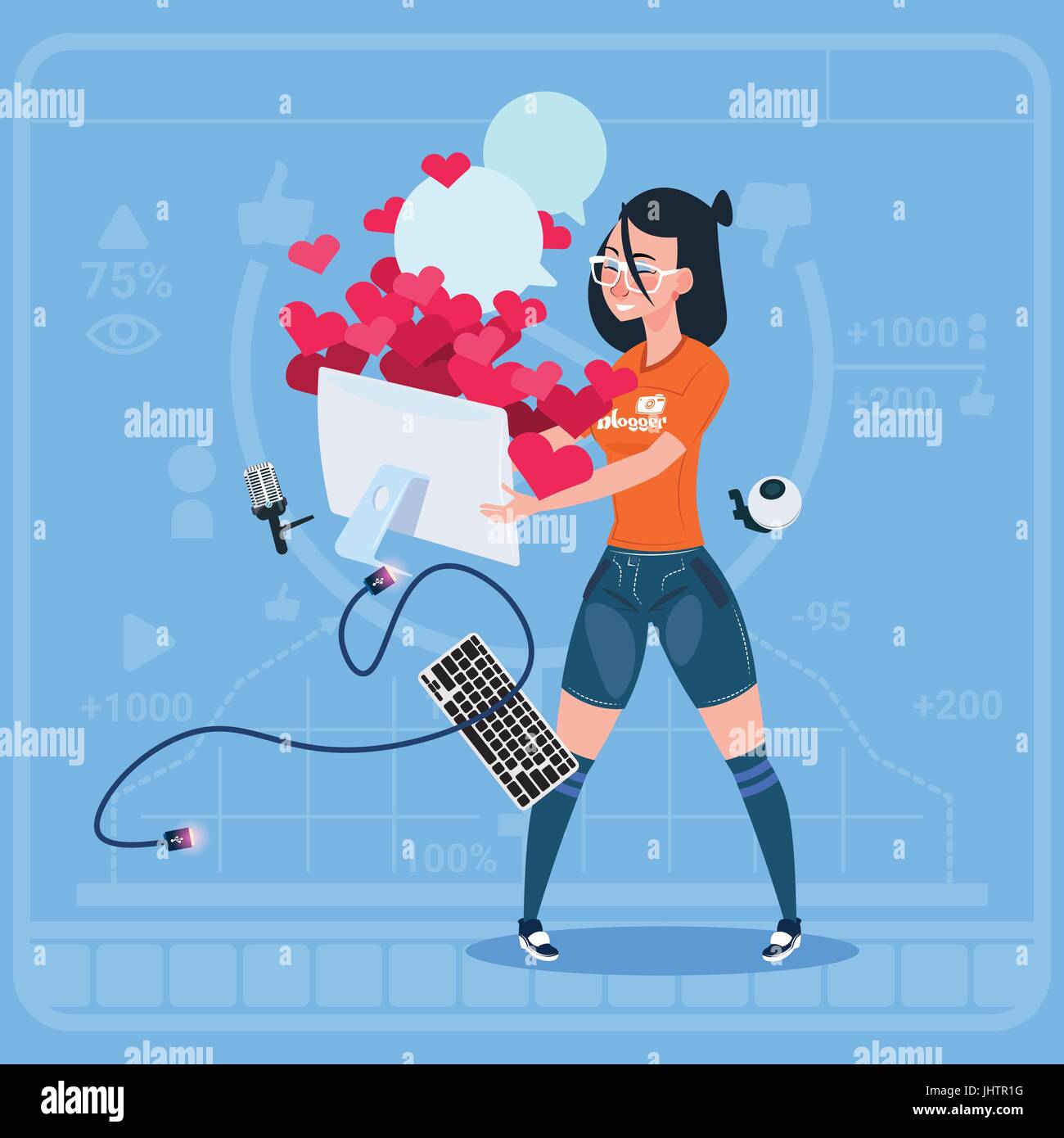 Girl Blogger Hold Computer With Many Likes Modern Video Blogs Creator ...