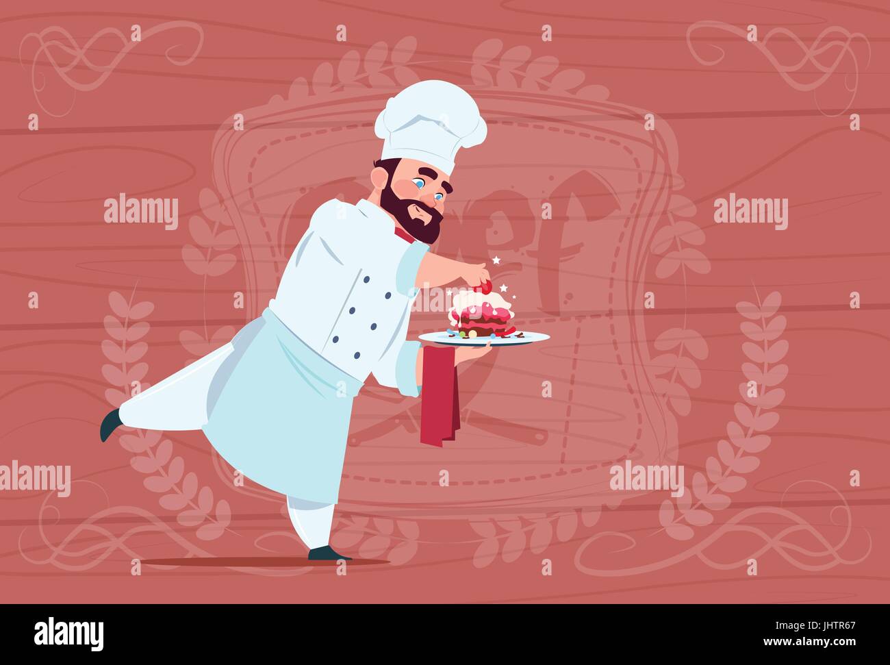 Chef Cook Holding Dessert Dish Smiling Cartoon Chief In White ...