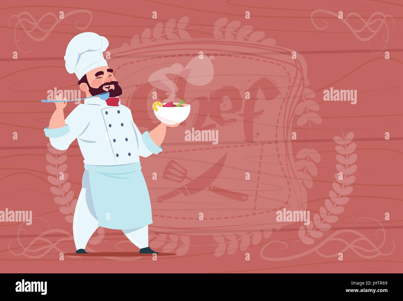 Chef Cook Holding Plate With Hot Soup Smiling Cartoon Chief In White ...