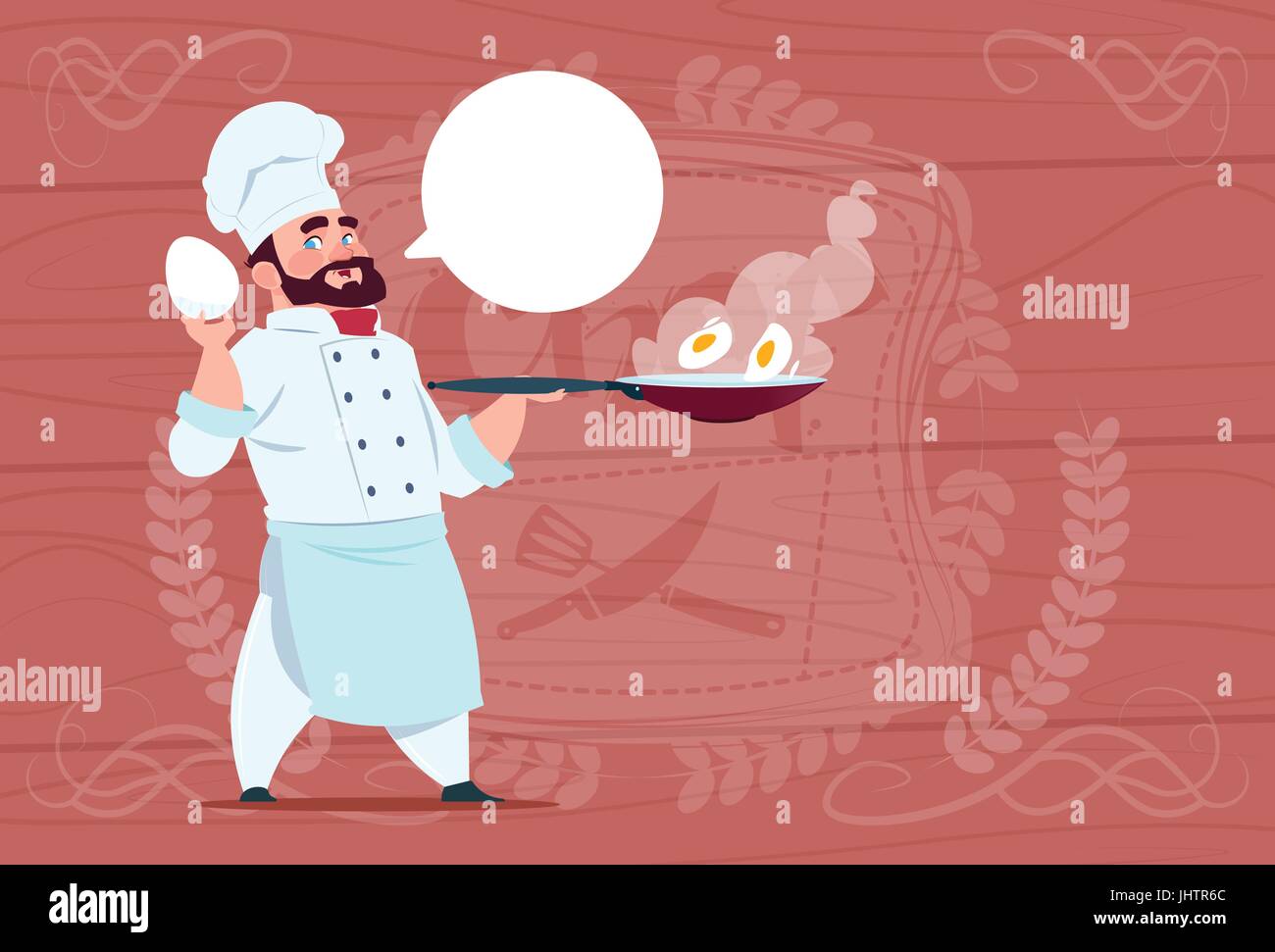 Chef Cook Holding Frying Pan With Eggs Smiling Cartoon Chief In White ...