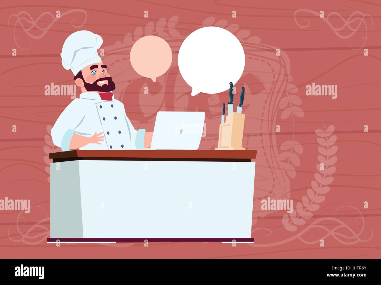 Chef Cook Working At Laptop Computer Cartoon Restaurant Chief In White ...