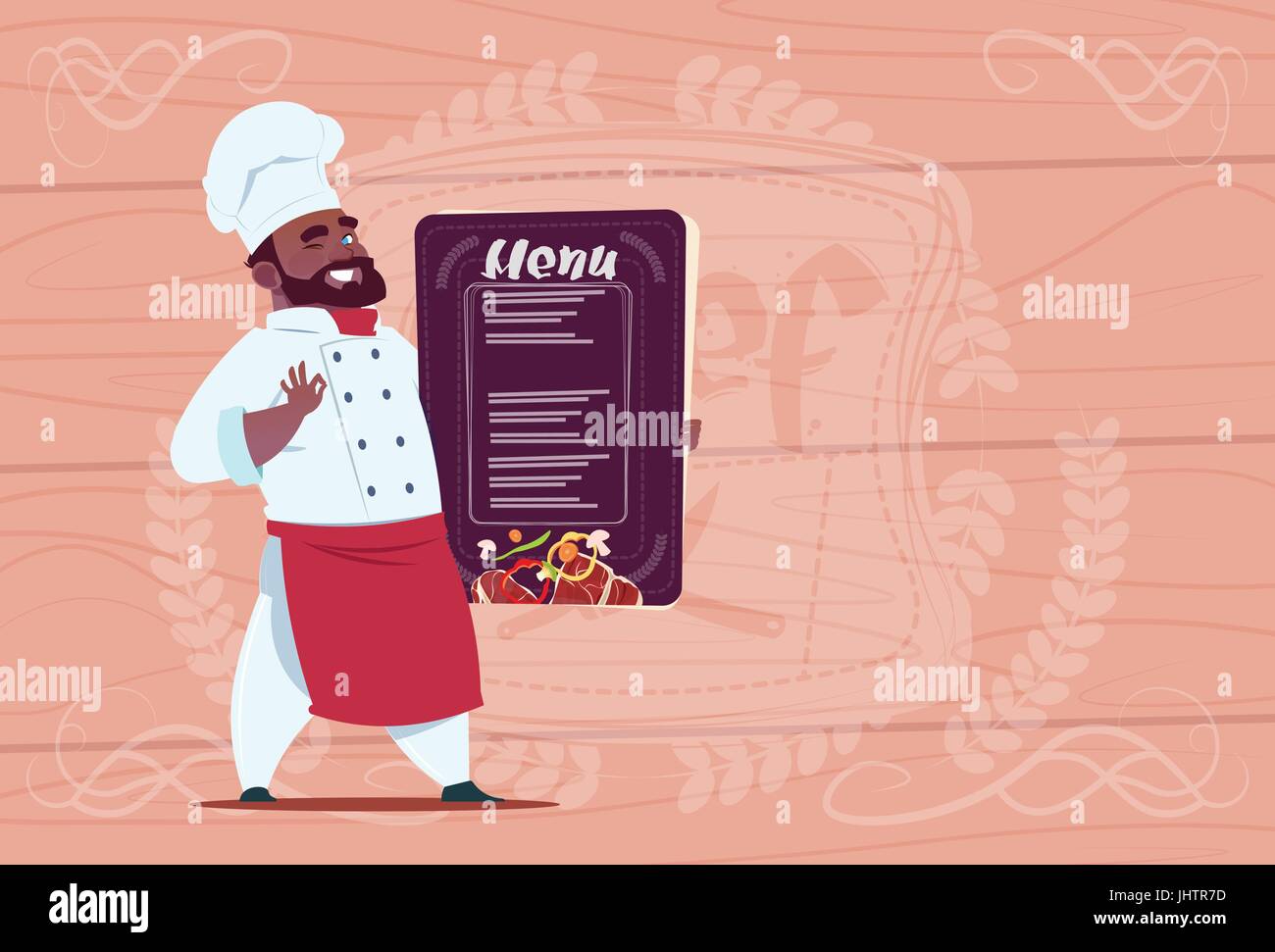 African American Chef Cook Holding Restaurant Menu Smiling Cartoon ...