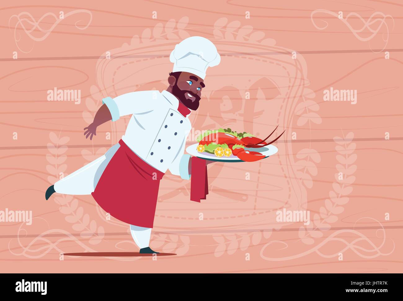 African American Chef Cook Holding Tray With Lobster Smiling Cartoon ...