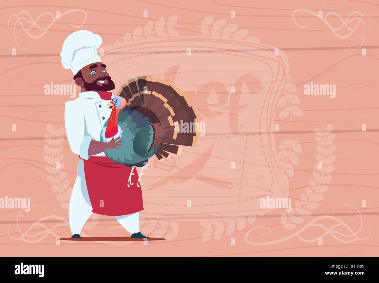 African American Chef Cook Hold Turkey Smiling Cartoon Restaurant Chief ...