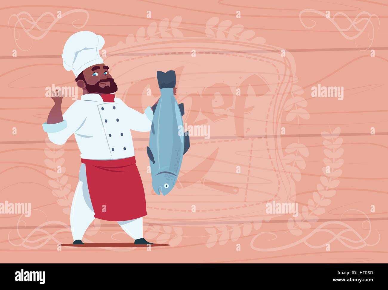 African American Chef Cook Hold Fish Smiling Cartoon Restaurant Chief ...