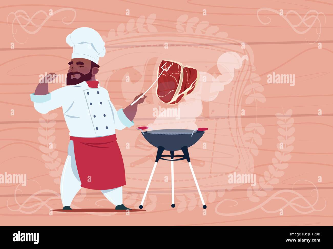 African American Chef Cook Grill Meat On Bbq Cartoon Restaurant Chief ...