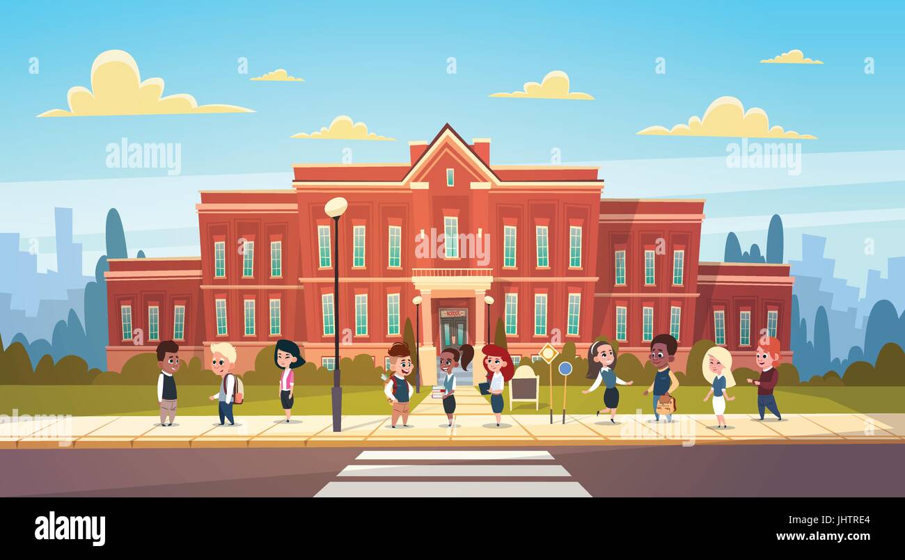 Group Of Pupils Mix Race Stand In Front Of School Building Primary ...