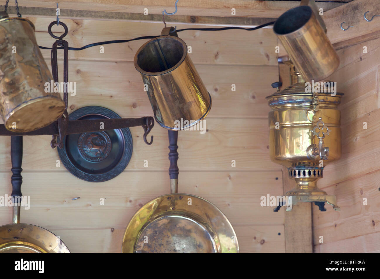 Cookware for fire made of copper alloy, Russia Stock Photo - Alamy
