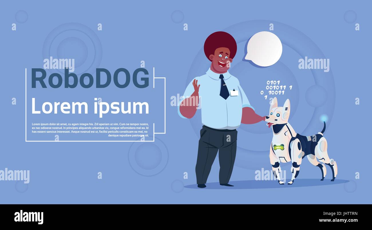 Man Playing With Robotic Dog Cute Domestic Animal Modern Robot Pet ...