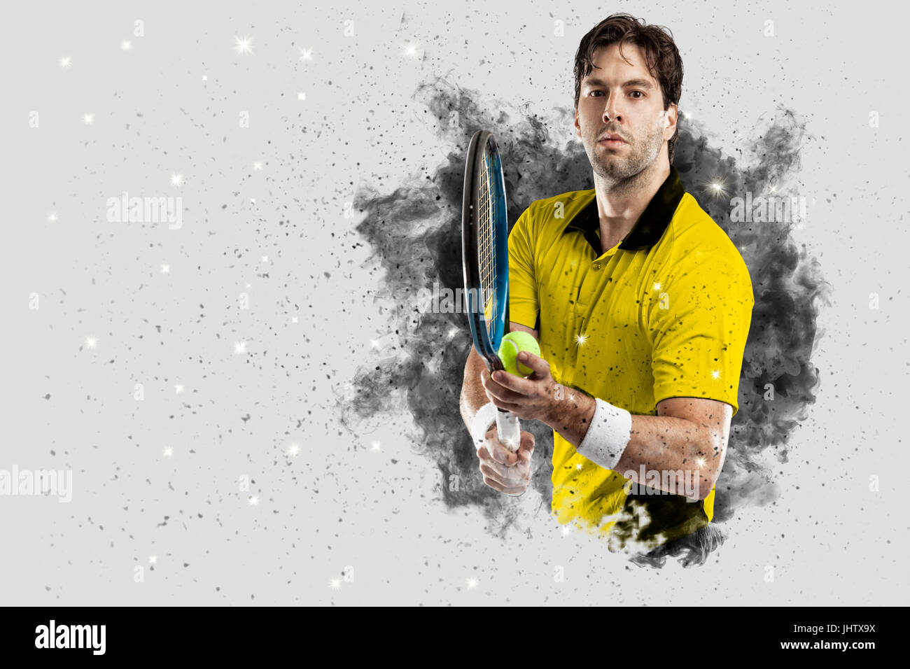 Tennis Player with a yellow uniform coming out of a blast of smoke ...