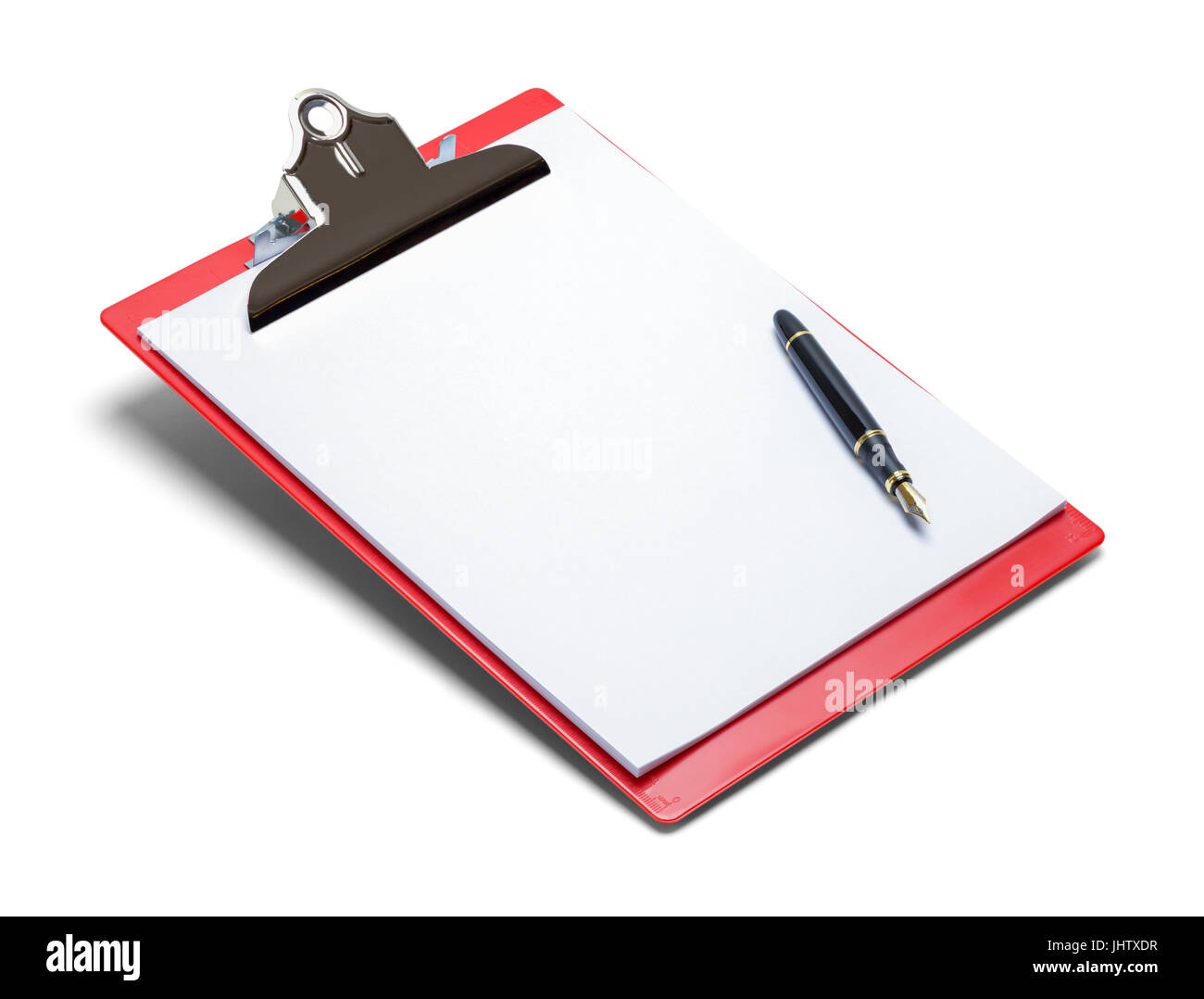 Red Clipboard with Pen Isolated on White Background Stock Photo - Alamy